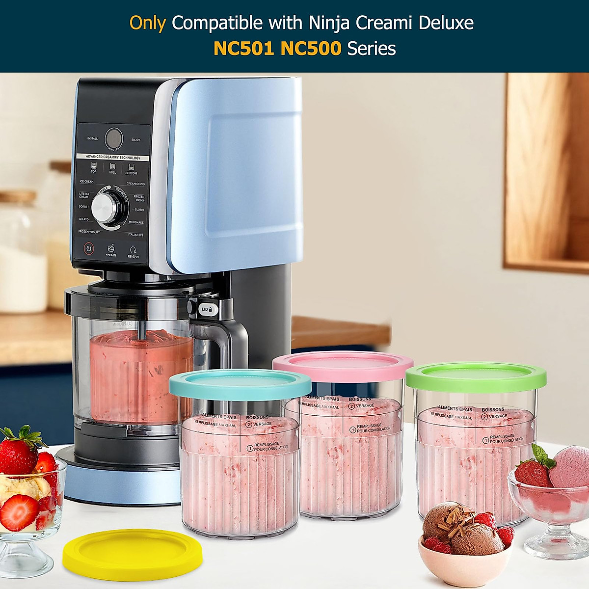GOHOHOF for Ninja Creami Deluxe Pints and Lids - 4 Pack Extra Replacement Pints Compatible with Ninja Creami NC501 NC500 Series Deluxe Ice Cream Maker Creamy Deluxe Pint Containers