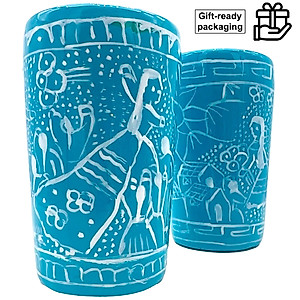 Casa Fiesta Designs Colorful Mexican Shot Glasses, Hand-painted in Mexico - Great for Tequila, Mezcal and Sangrita, 2 oz - Tequilero Historias (Pack of 2) (Turquoise)