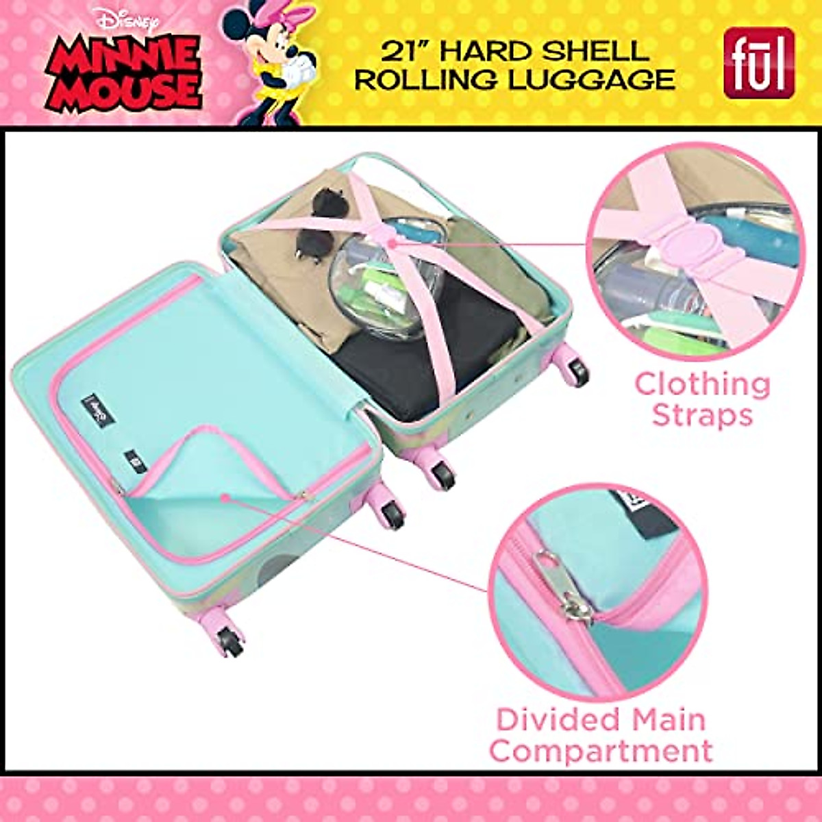 FUL Disney Minnie Mouse 21 Inch Kids Rolling Luggage, Tie Dye Hardshell Carry On Suitcase with Wheels, Multi (FCGL0030SAMEC-634)