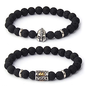 BAVIPOWER Set Rune Bead Bracelet and Viking Warrior Helmet Lava Rock Volcanic Stone Bead Elastic Adjustable Bracelet Bangle (Black)