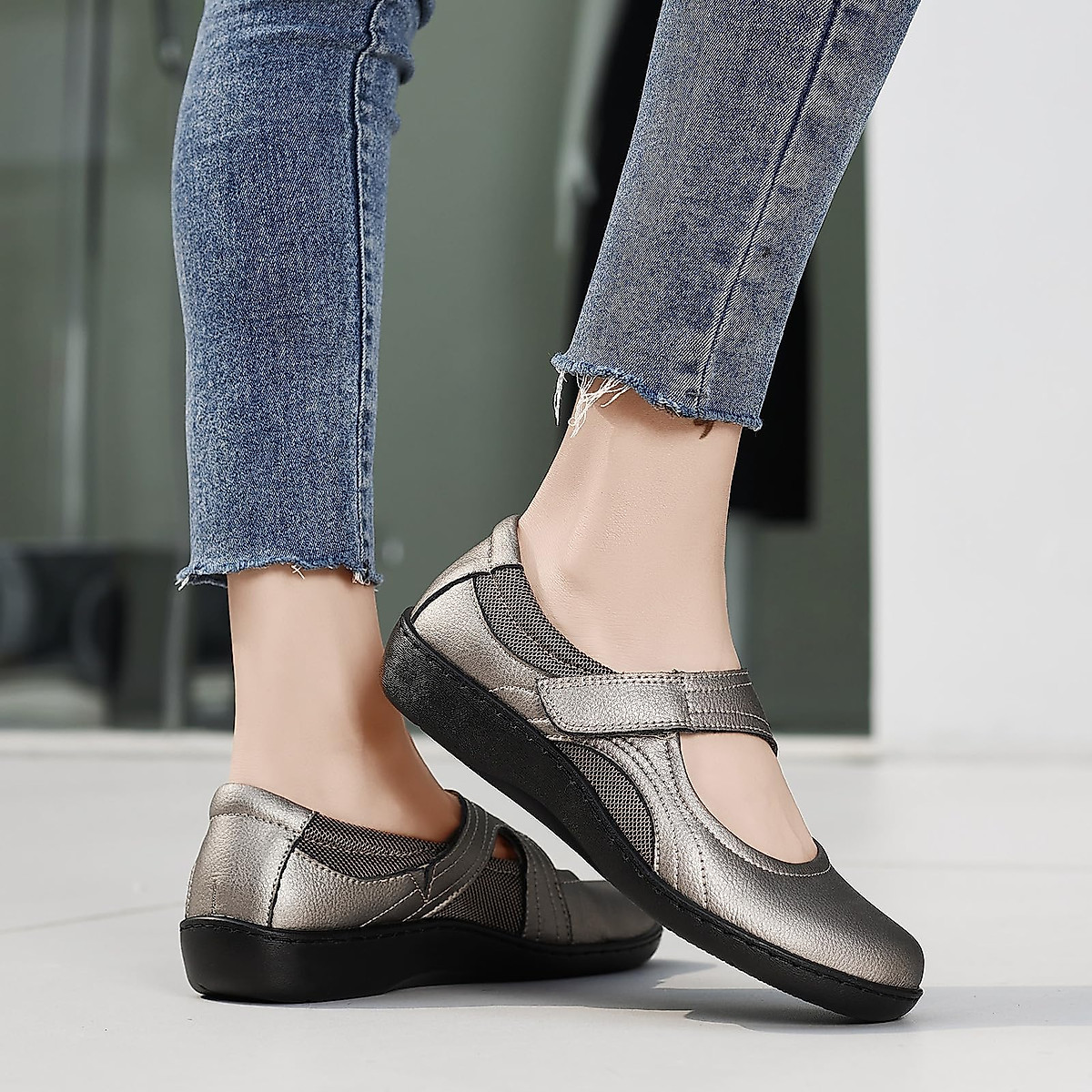 Oviaric Women's Classic Comfort Pewter Mary Jane Flats Fashion Casual Dress Shoes Cute Closed Toe Slip On Lightweight Breathable Walking Shoes 10 M US 1904-GUT100