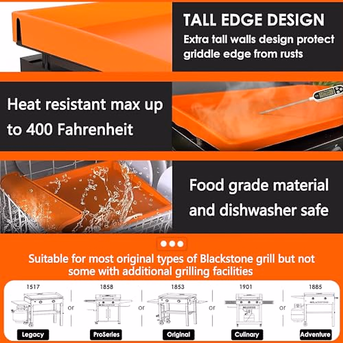 Silicone Griddle Mat with Grease Cup Liners for Blackstone 28" Griddle, High-Wall & Full-All-Encompassing Heavy Duty Food Grade Silicone Grill Buddy Mat, Protecttion Griddle from Dirt & Rust (Orange)