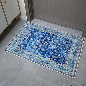 Rugcomf Door Mat Indoor Entrance 2x3 Rug Machine Washable Boho Soft Floral Small Area Rug Non-slip Low Pile Throw Rugs for Entryway, Kitchen, Front Door Indoor Entrance, Entry, Kids Room (Blue)