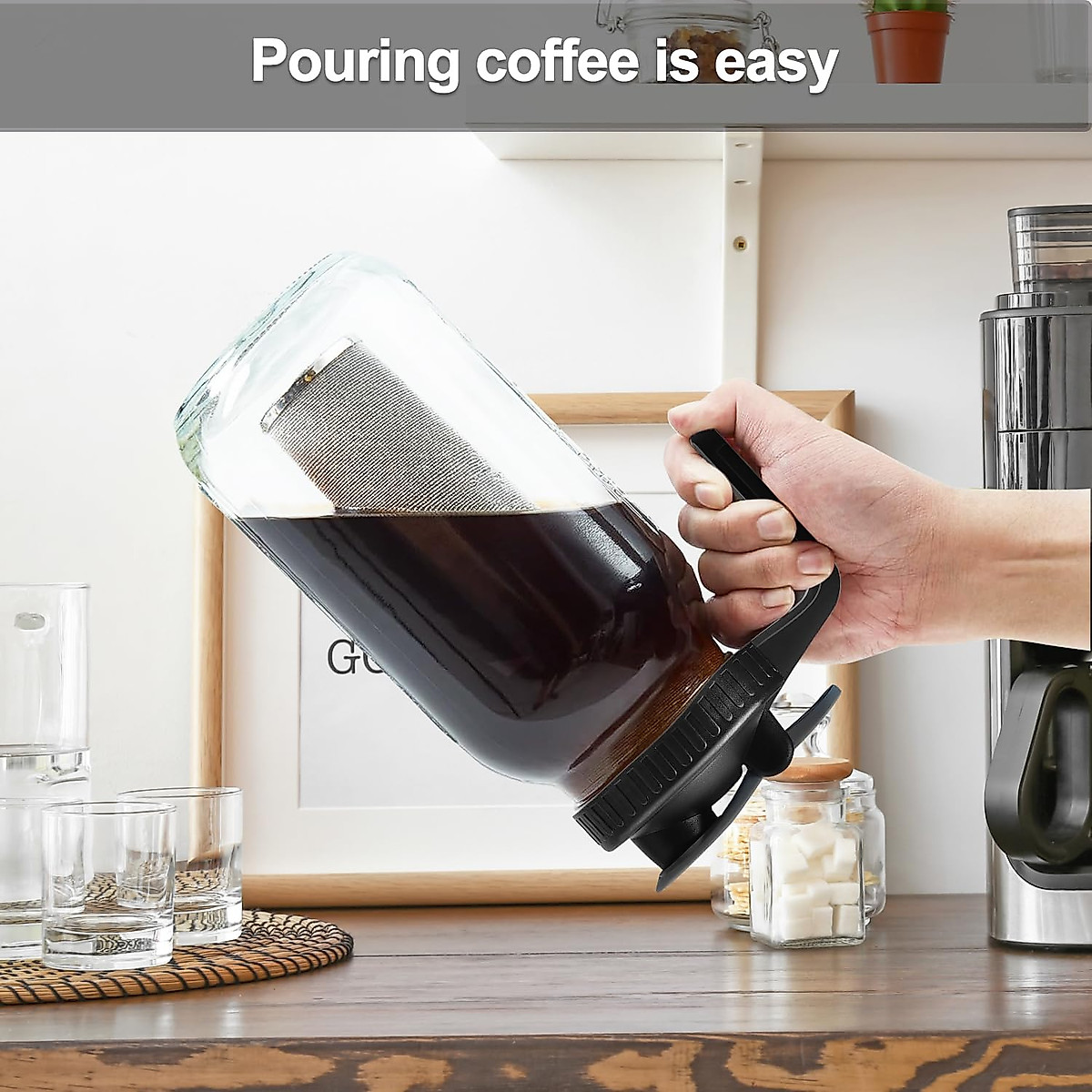 Cold Brew Coffee Maker Pitcher, 32 oz(1 Quart) Thick Glass Mason Jar with Heavy Duty Stainless Steel Filter & Handle for Iced Brew Coffee, Ice Lemonade, Sun Tea