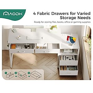 AODK Computer Desk with 4 Drawers and USB Power Outlets, Reversible Home Office Desk with Printer Stand, Small Desk with Storage Shelf, Study Writing Work Table for Bedroom, Vanity Desk, White, 53"