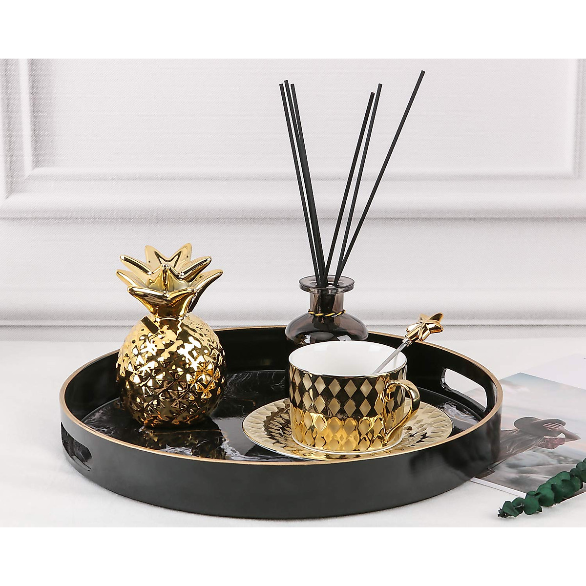 Zosenley Round Decorative Tray, Marbling Plastic Tray with Handles, Modern Vanity Tray and Serving Tray for Ottoman, Coffee Table, Kitchen and Bathroom, Size 13", Black