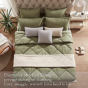 NexHome Bed in a Bag Comforter Sets Queen Green All Season Down Alternative Comforter Soft Microfiber Dobby Stripe 7 Pieces-1 Comforter 2 Pillow Shams 2 Pillowcases 1 Flat Sheet 1 Fitted Sheet
