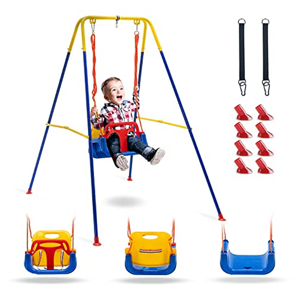 3-in-1 Toddler Swing, Swing Set with Foldable Metal Stand and Safety Belt, Baby Swings Outdoor & Indoor for Infants to Toddler, Baby Infant Swing for Swingset, Indoor Swing for Kids 6 Month+