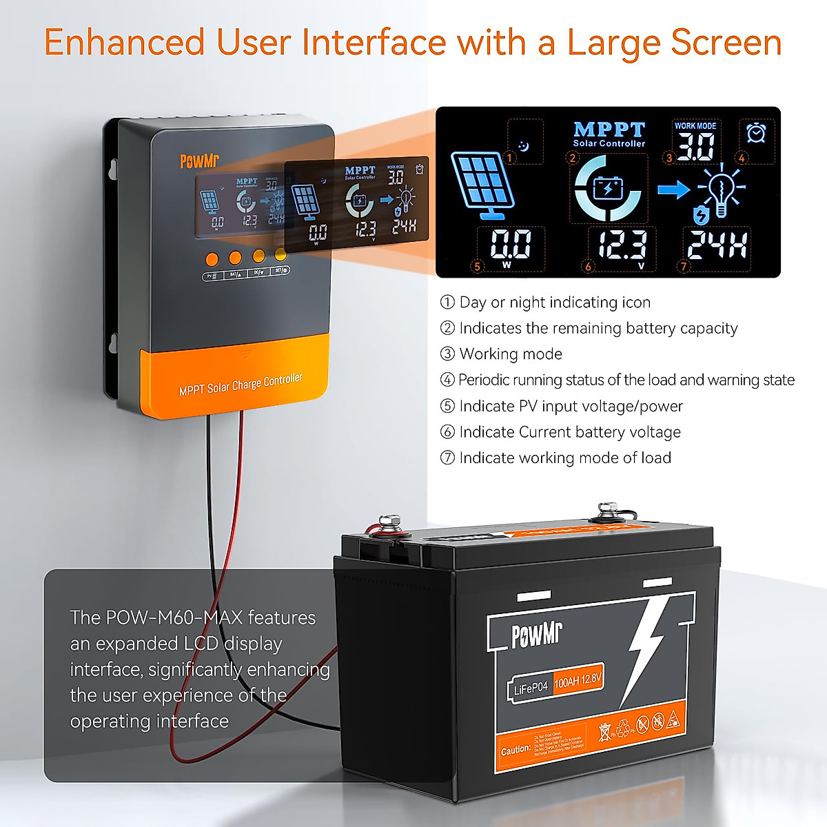 PowMr 60A MPPT Solar Charge Controller 12V 24V 36V 48V Auto, Solar Charge Regulator 60amp w/Large LCD Display, Work with AGM, Gel, Flooded and Lithium Batteries,Plug-and-Play【Update Version】
