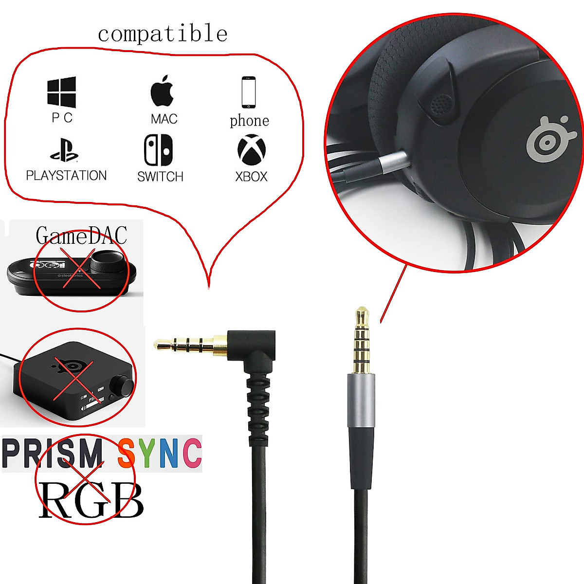 NewFantasia Replacement Audio Cable 3.5mm 5 Pole Male Compatible with SteelSeries Arctis Nova 1, 1X, Pro, 7, 7X, 1P Gaming Headset 1.3meters/4.3feet