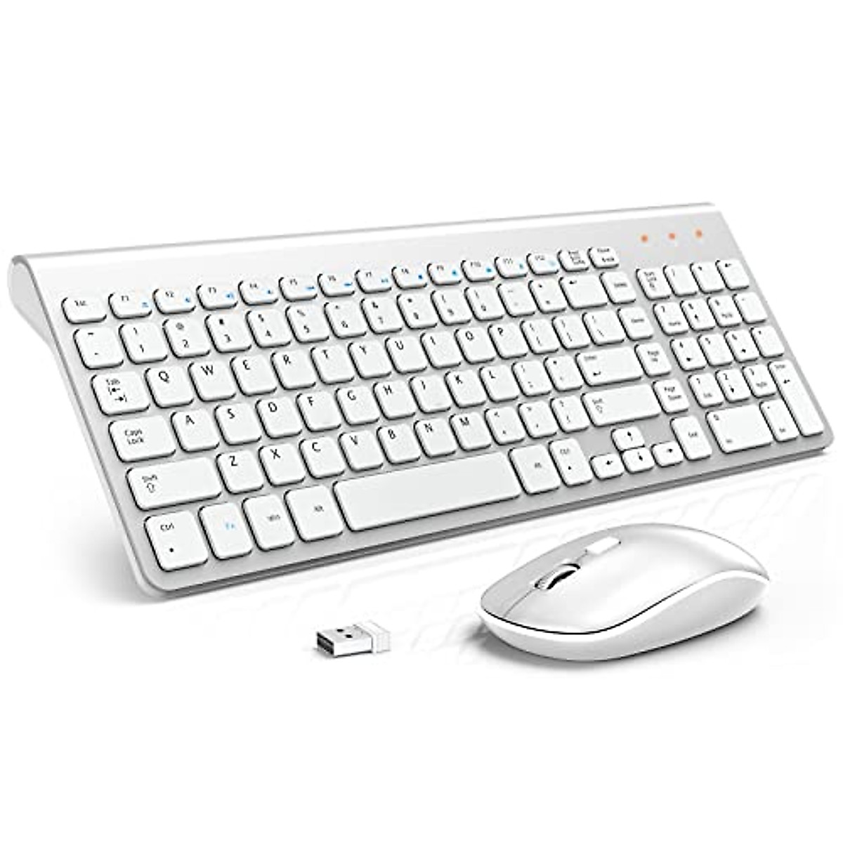 Wireless Keyboard and Mouse Combo with 7 Colored Backlits, Wrist Rest, Rechargeable Ergonomic Keyboard with Phone Holder, Silent Lighted Full Size Combo for Window, Mac, PC, Laptop (Silver and White)