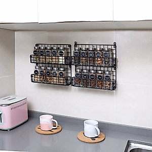 Spice Rack for Cabinet Wall Mounted, 4-Tier Stackable Hanging Spice Organizer for Jars and Seasoning Storage, Great for Kitchen Pantry Door, Black Iron Wire
