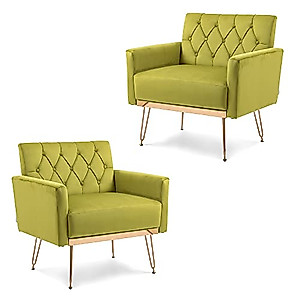 Olela Accent Chair Set of 2,Velvet Armchair Single Sofa Modern Tufted Upholstered Side Reading Chairs with Arm and Gold Metal Leg for Living Room Bedroom Club Nursery Office Decorate(2, Olive Green)