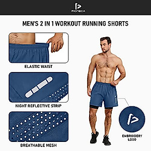 FIONECA 2 in 1 Running 5 Inch Inseam Shorts Men Breathable Mesh, Quick Dry Mens Athletic Shorts for Men Gym Sports Training(Navy Blue,S)
