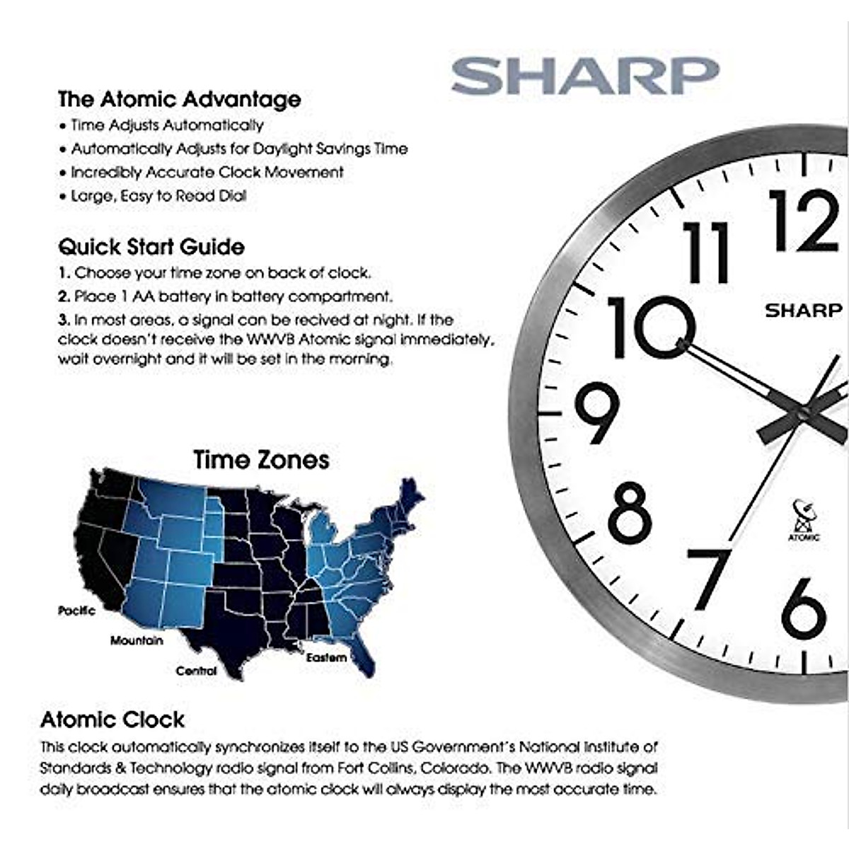 SHARP Atomic Analog Wall Clock - 12" Silver Brushed Finish Sets Automatically- Battery Operated Easy to Read Use: Simple, Style fits Any Decor