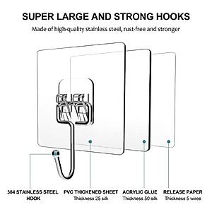 NileHome Adhesive Hooks for Hanging 10 Packs Heavy Duty Wall Hooks Reusable Removable Waterproof Bathroom Hooks Transparent Sticky Hooks for Kitchen Glass Door