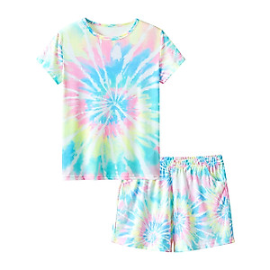 Topgal Little & Big Girls Tie Dye Rainbow Swirl Pajamas Tee & Shorts 2-Piece Sleepwear Set Cute Jammies Size 18