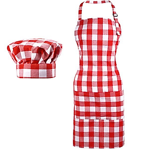 SATINIOR 2 Pcs Chef Costume Chef Hat Apron Set for Adult Baker Apron Hat Costume for Halloween Cosplay Party Gift (Red, White,Plaid Style)