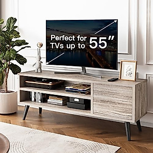 Retro TV Stand with Storage Cabinet for TVs up to 55 inch, TV Console for Media, Mid Century Modern TV Stand & Entertainment Center, Grey Wooden TV Stand for Living Room/Bedroom, Grey Wash, APRTS01G