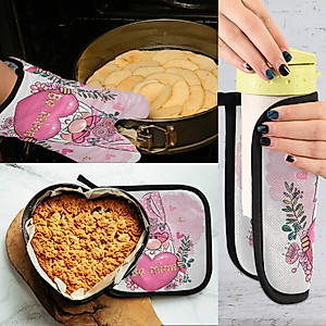 Be Mine Gnome Oven Mitts & Pot Holders 2pcs Happy Valentine's Day Kitchen Heat Resistant Non-Slip Potholders Set for Cooking Baking BBQ,Wedding Gifts