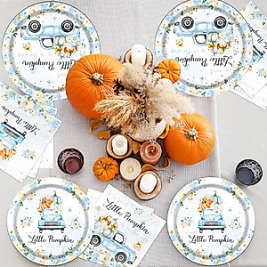 Little Pumpkin Paper Plates and Napkin Pumpkin Baby Shower Party Decorations for Boy A Little Sweet Pumpkin is On The Way Blue Floral Truck Disposable Tableware Party Supplies Favor for 25 Guests