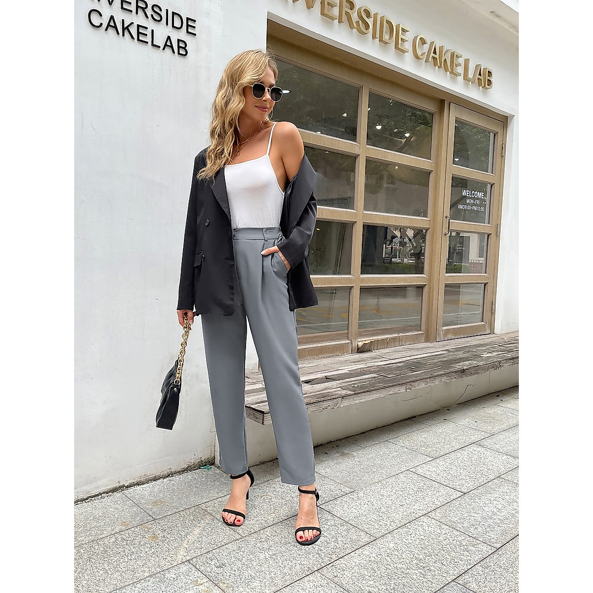 GRACE KARIN Women Casual Work Pants with Pockets Elastic Waist Pants Blue Grey M