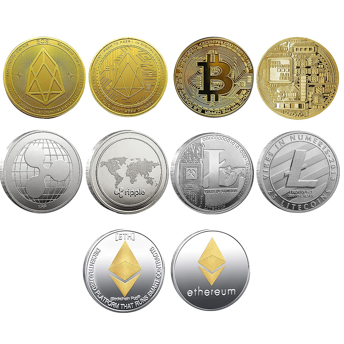Neatbuddy 5PC Bitcoin Coin Collector Physical Cryptocurrency Gift Set, Bitcoin (BTC), Ethereum (ETH), Litecoin(LTC), Ripple (XRP),Eos (EOS),Gold and Silver Color
