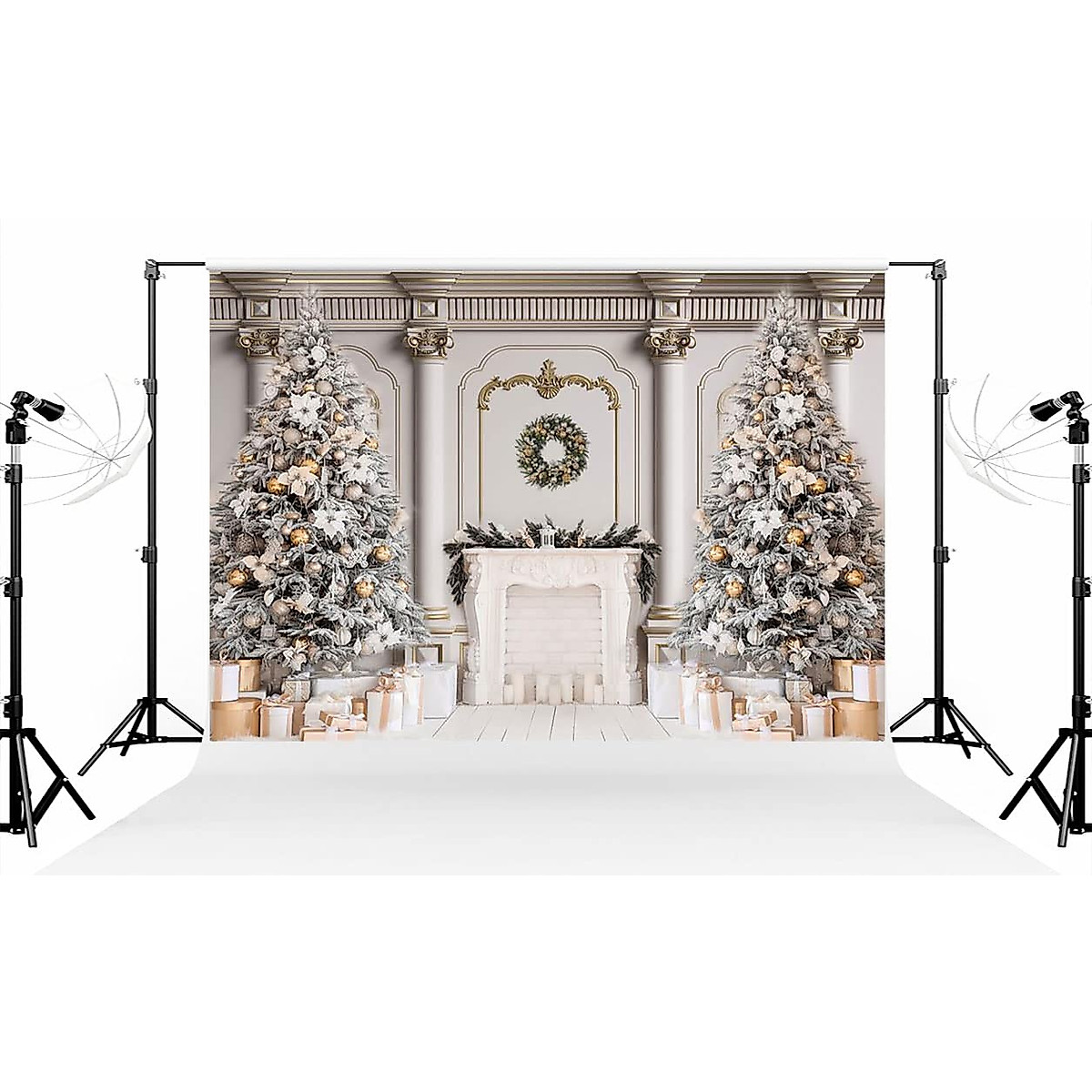 Kate 10×6.5ft (3×2m) Christmas Tree Photo Backdrop Xmas Palace Classic Indoor White Fireplace Gifts Decoration Photography Background for Christmas New Year Photographer Studio Props
