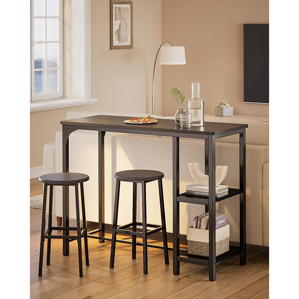 Qsun Small Bar Table Set for 2, Bar Table with Stools, Kitchen Table for 2 with 2 Storage Shelves & Wine Glass Holder, Small Dining Table for Small Apartment, Dining Room, Black