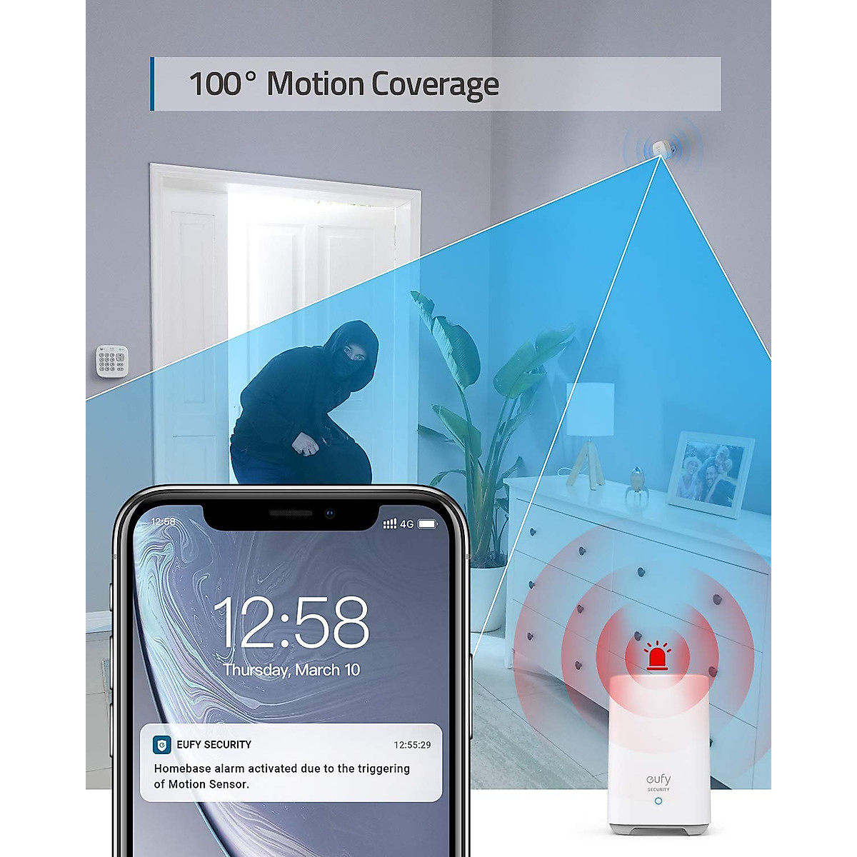 Eufy Security 5-Piece Home Alarm Kit, Home Security System, Keypad, Motion Sensor, 2 Entry Sensors, Home Alarm System, Control from The App, Links with HomeBase-Connected Devices (Renewed)