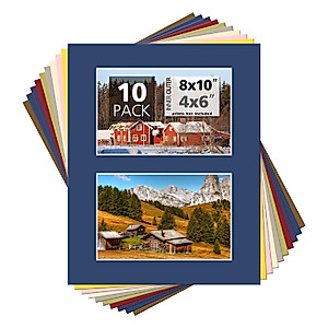Mat Board Center, Pack of 10, Photo Picture Mats - Acid Free, 4-ply Thickness, White Core - for Pictures, Photos, Framing (8x10 for 2-4x6 Mixed Color)