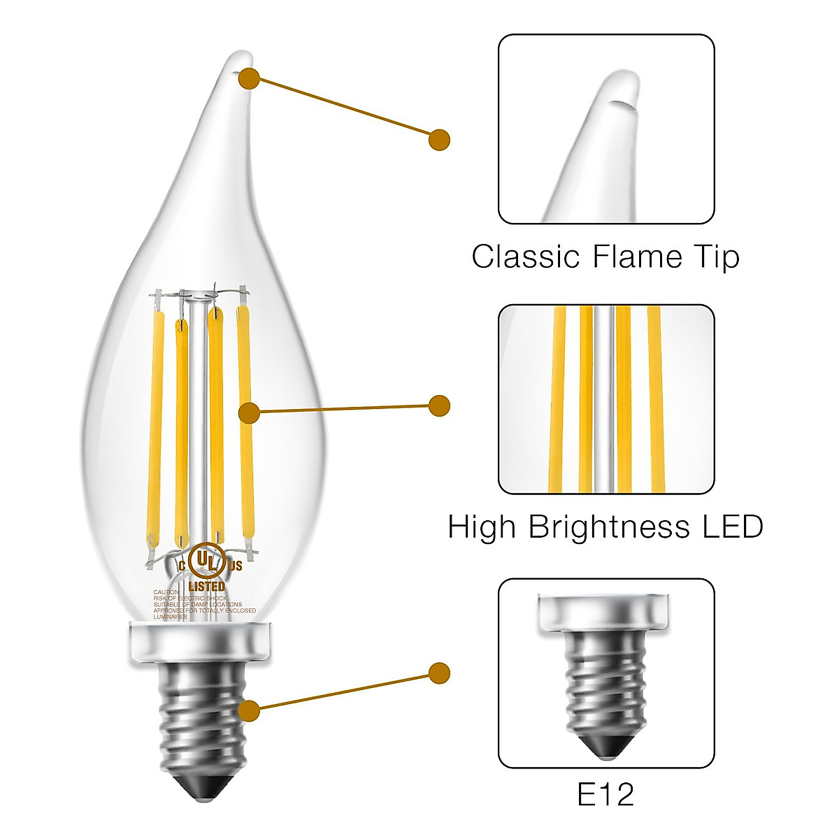 DAYBETTER Candelabra LED Light Bulbs, Chandelier Light Bulbs, LED Candelabra Bulbs 60 Watt Equivalent Dimmable E12 LED Bulb 2700K Warm White,5.5W 600LM Flame Tip Vintage CA11 Candle Light Bulbs 5 Pack