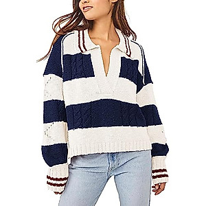Meenew Women's Baggy Loose Knit Sweater Plunge V Neck Long Sleeve Fashion Loose Crop Tops Dark Blue S