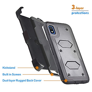 A10E Case, for Samsung Galaxy A10E Full Body Armor Rugged Holster Defender Hybrid Tough Case with 360 Swivel Belt Clip Kickstand & Built in Screen Protector (Black)