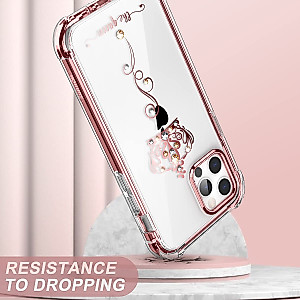 SURITCH Compatible with iPhone 12/iPhone 12 Pro Clear Case 6.1 Inch,[Built in Screen Protector] Luxury Crown Sparkle Diamond Bling Crystals Full Body Rugged Cover for Girls Women (Rose Gold)