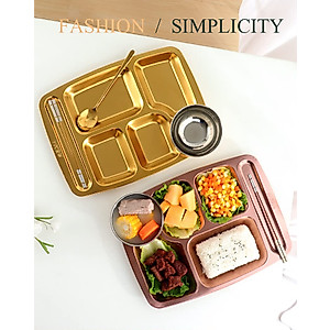 QOBIMOON 18/8 Stainless Steel Divided Plate, Food Trays 4 Section Dinner Plate with Bowl, Chosticks and Spoon, Camping Dishes, Adult Lunch and Dinner-Rainbow Color