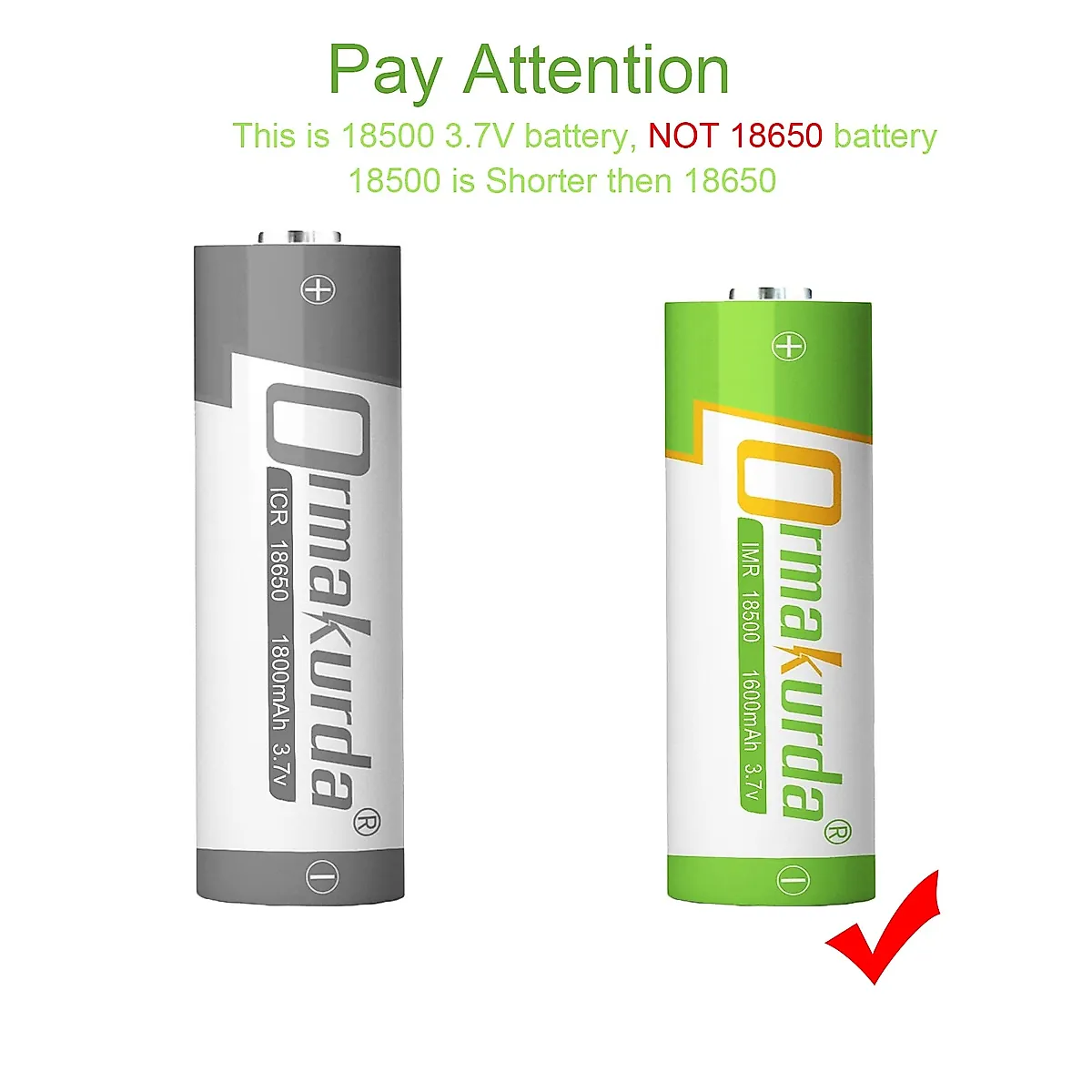 Ormakurda 18500 Rechargeable Battery, IMR 18500 1600mAh 3.7V Li-ion Rechargeable Batteries with Button Top,for Flashlight, Solar Garden Light (2Pack)