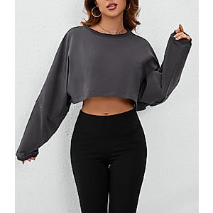 Meladyan Women Long Sleeve Crewneck Crop Top Tee Shirt Sweatshirt Casual Solid Loose Fit Workout Cropped Pullover Tshirt Dark Grey