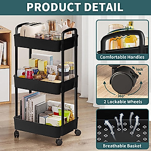 EZ Cozy 3 Tier Rolling Cart, Plastic Rolling Utility Cart with Wheels, Laundry Room Organization, Rolling Storage Cart Organizer, Easy Assemble Bathroom Organizer for Kitchen, Room, Office (Black)