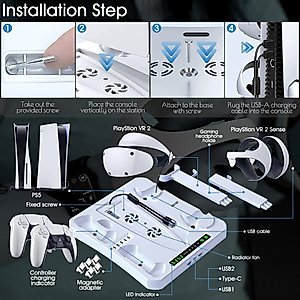 Orzero Storage Charging Station Compatible for PS VR2, for PlayStation VR2 PS VR2 Vertical Stand with Console Cooling Fan and Controller Charging Dock, VR Headsets Holder