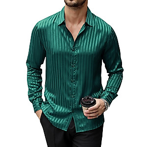 URRU Men's Striped Dress Shirts Green Satin Shirt Casual Luxury Long Sleeve Button Down Wedding Shirt Party Prom Shirt Dark Green XL