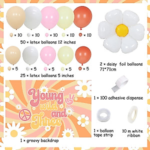 Cheereveal Young and Wild Three Decorations Girl, Three Groovy Birthday Decorations with Backdrop Retro Hippie Boho Daisy Flower 3rd Birthday Supplies Balloon Garland Kit