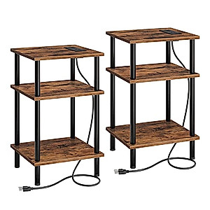 HOOBRO Set of 2 Side Tables with Charging Station and USB Ports, 3-Layer Stackable Nightstand, 23.2 Inches End Table for Small Space in Bedroom, Living Room, Industrial Style, Rustic Brown BF10UBZP201
