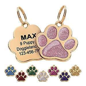 Custom Gold pet ID Tags Sparkly paw Shape Personalized Shiny Dog Glitter Silent Cute Dog tag for Puppies Laser Engraved Name and Phone Number Identification