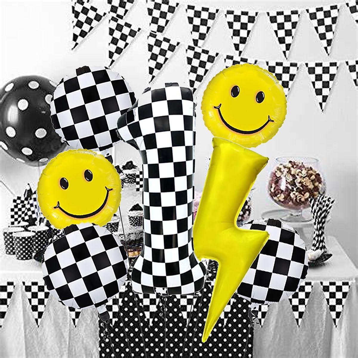 One Happy Dude Balloon Set 40" Black One Smile Face Checkered Balloons Yellow Lightning Balloon for One Happy Dude Birthday Decorations Smiley Face Party Decorations