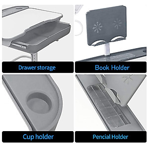 LVYUAN Kids Desk and Chair Set, Height Adjustable Kids Study Desk for Bedroom, Desk for Kids with Tiltable Desktop, 3 Modes Light, Go Back School Desk, Grey