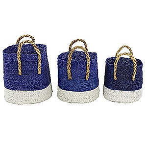 Deco 79 Seagrass Handmade Two Toned Storage Basket with Handles, Set of 3 17", 15", 13"W, Blue