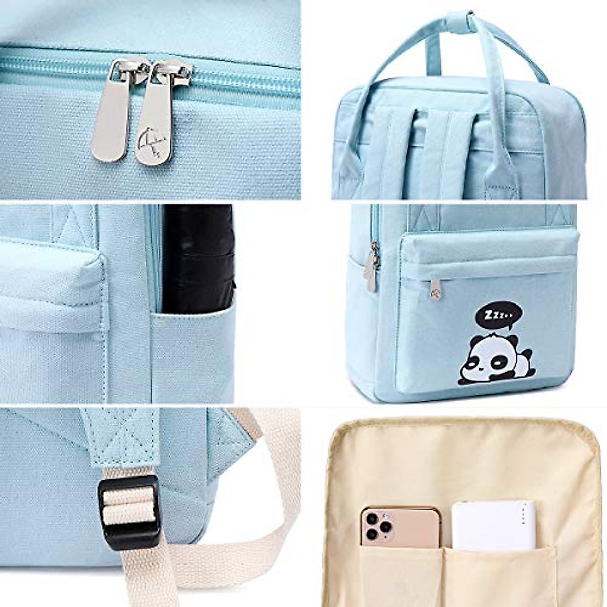 e-youth Women Girls Cute Panda School Backpack with Lunch Box Japanese & Korean Style Canvas Bags (Blue)