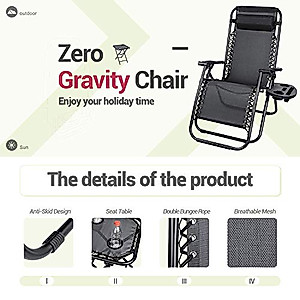 Homall 3 Pcs Zero Gravity Chair Patio Folding Recliner Outdoor Chaise Lounge Chairs Portable Reclining Chair Set with Side Table (Black)