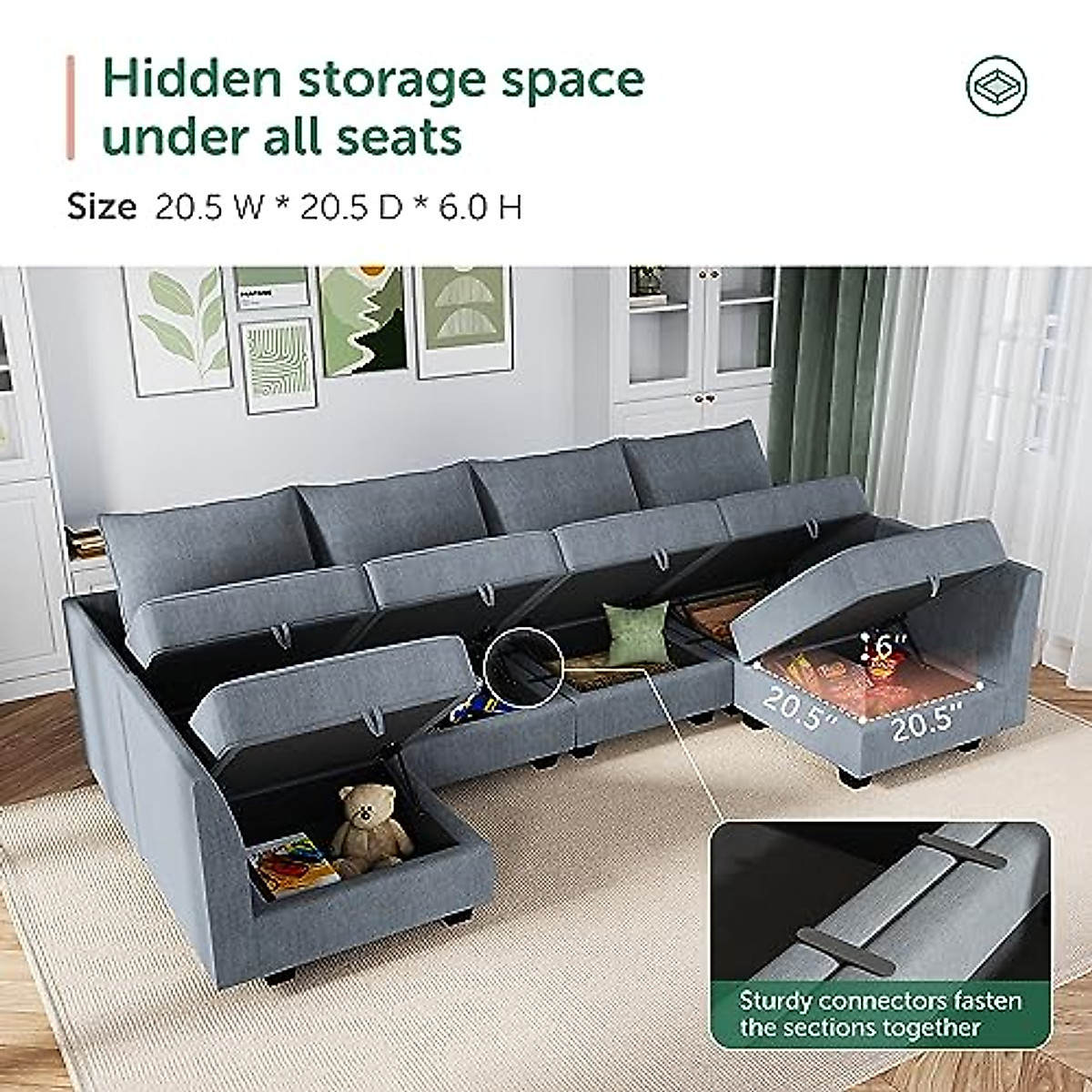 HONBAY Modular Sectional Sofa U Shaped Sectional Souch with Ottoman 7 Seat Modular Sofa with Chaise for Living Room, Bluish Grey